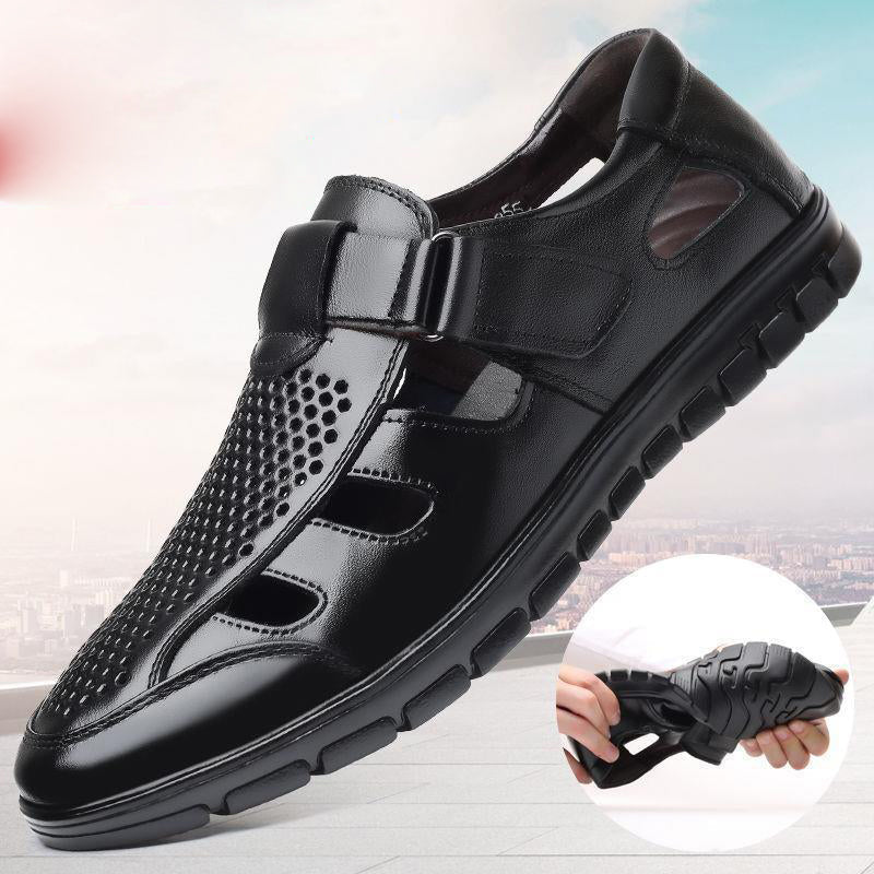 Men's leather sandals summer breathable leather shoes middle-aged and elderly soft soled dad's ...
