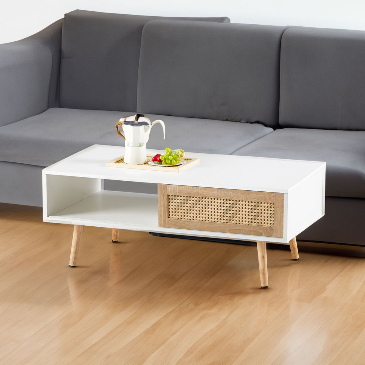 41.34" Rattan Coffee table sliding door for storage solid wood legs Wh ...