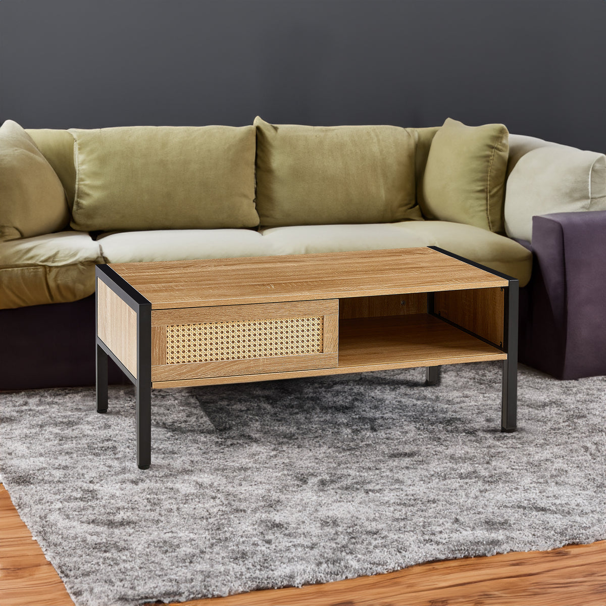 40.16" Rattan Coffee table, sliding door for storage, metal legs ...