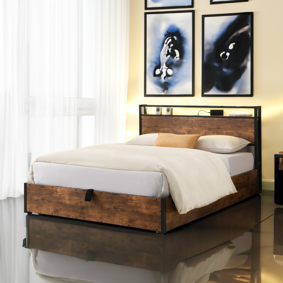 Elevating storage bed frame, full-size bed frame with bookshelf headbo ...