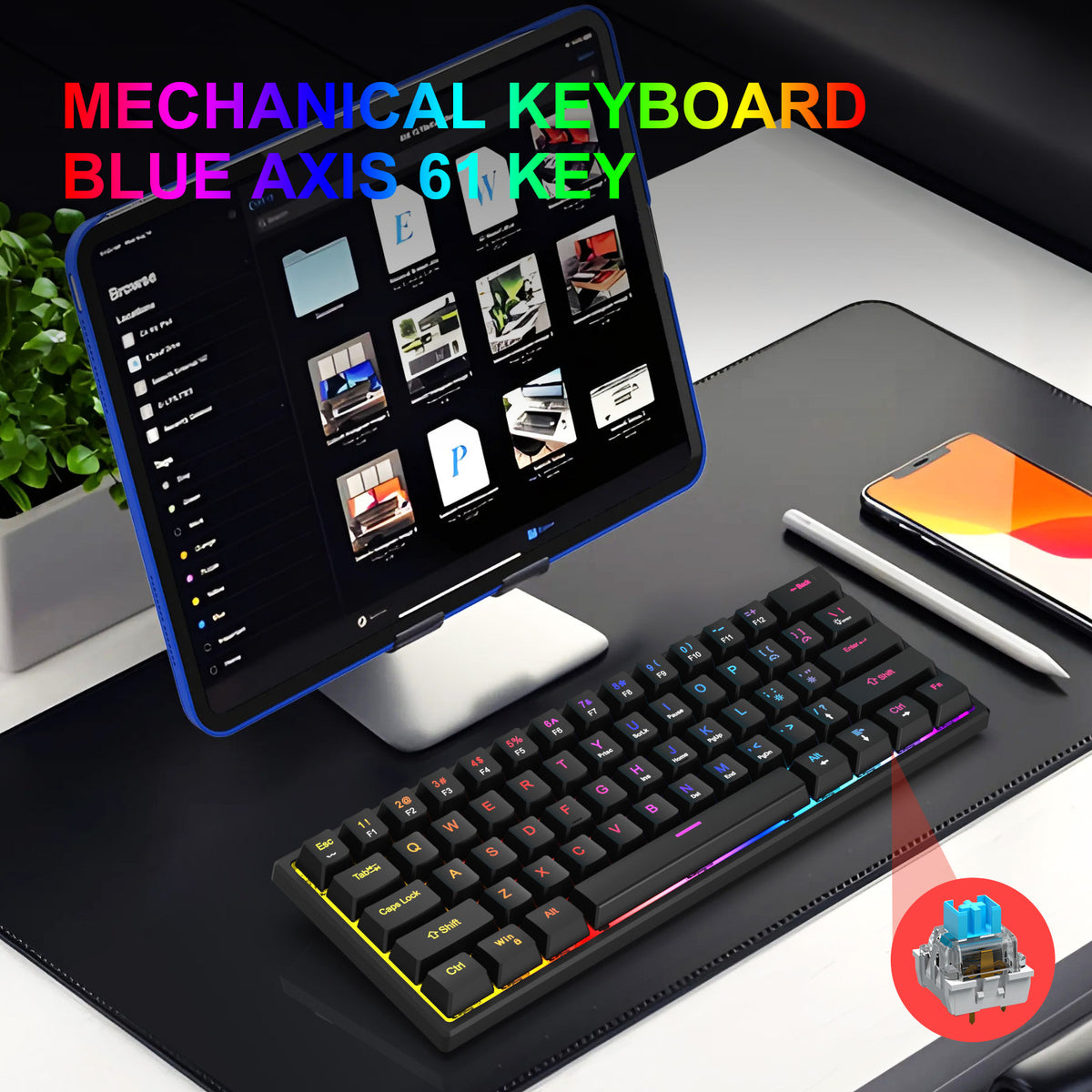 Plug in mechanical keyboard with blue shaft and 61 keys, mini portable ...