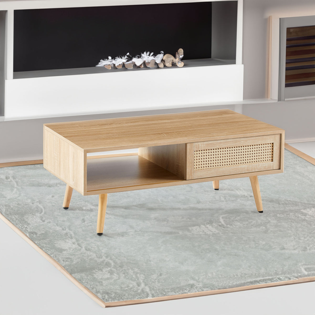 41.34" Rattan Coffee table sliding door for storage solid wood legs Mo ...